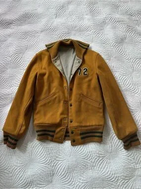Jackets & Coats | Mustard Wool Varsity Jacket With Green Trim And 72 ...